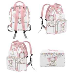 Pink Floral Bow Elephant Girl Personalized Diaper Backpack with Name,Custom Travel DayPack for Nappy Mommy Nursing Baby Bag One Size