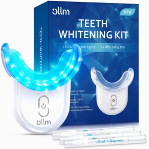 teeth whitening kit gel pen strips - ollm specially formulated for sensitive teeth, gum, braces care 32x led light tooth whitener, professional oral beauty products dental tools 2 mouth trays