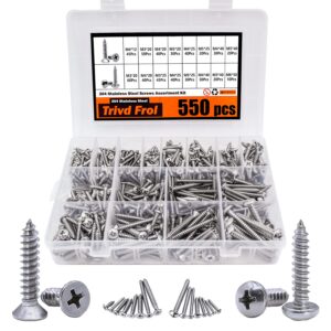 trivd frol 550pcs self tapping screws assortment set, m3/m4/m5/m6 304 stainless steel sheet metal screws kit, phillips drive wood screw assortment 550pcs(275pcs round head and 275pcs flat head)