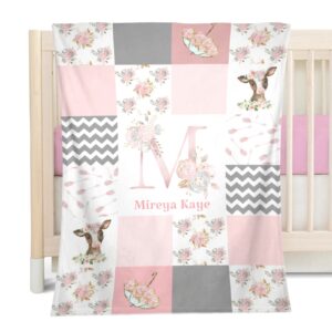 personalized baby blanket - soft pink flower farm cow monogram custom blanket - baby shower toddler nursery bed swaddle blankets stroller crib 30x40 in