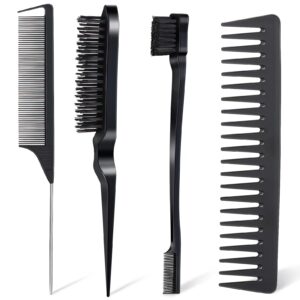 4pcs anmieciu hair styling set for all: bristle edge brush, teasing comb, rat tail comb, wide tooth comb for combing, smoothing and styling hair (black)