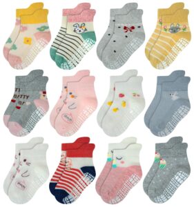 rative ankle anti slip non skid organic cotton socks with grips grippers for 1 2 years old 2t 12 18 months toddler boy boys girl girls (12-24 months, 12-pairs/ag-200)