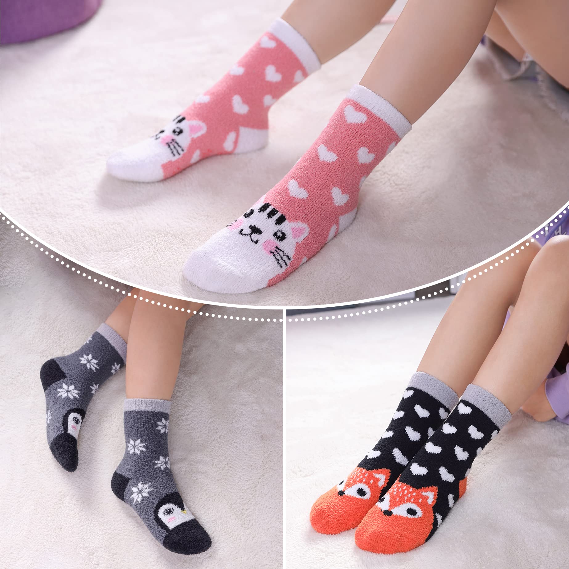 LINEMIN Kids Fuzzy Socks Boys Girls with Grips Non Slip Slipper Socks Cozy Fluffy Winter Warm Crew Socks 6 Pairs (Cute Animal, 4-7 Years)