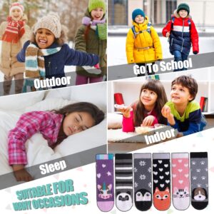 LINEMIN Kids Fuzzy Socks Boys Girls with Grips Non Slip Slipper Socks Cozy Fluffy Winter Warm Crew Socks 6 Pairs (Cute Animal, 4-7 Years)