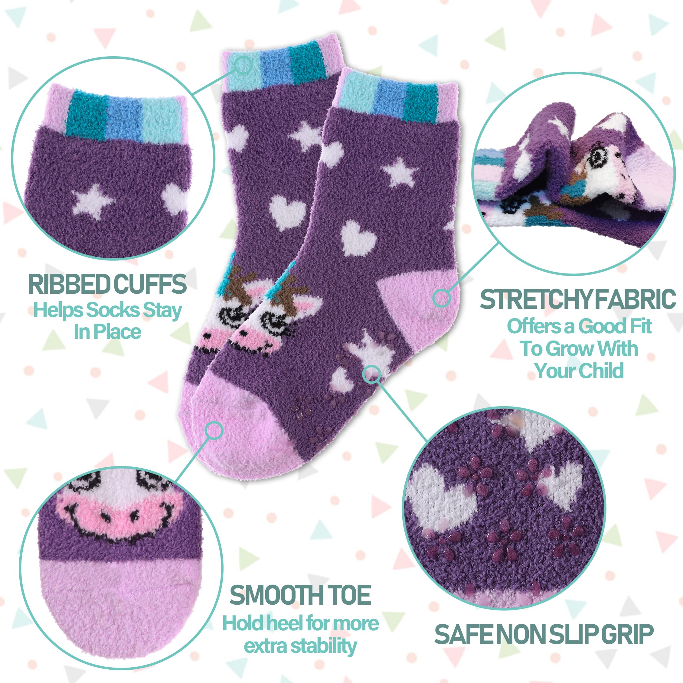 LINEMIN Kids Fuzzy Socks Boys Girls with Grips Non Slip Slipper Socks Cozy Fluffy Winter Warm Crew Socks 6 Pairs (Cute Animal, 4-7 Years)