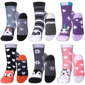 linemin kids fuzzy socks boys girls with grips non slip slipper socks cozy fluffy winter warm crew socks 6 pairs (cute animal, 4-7 years)