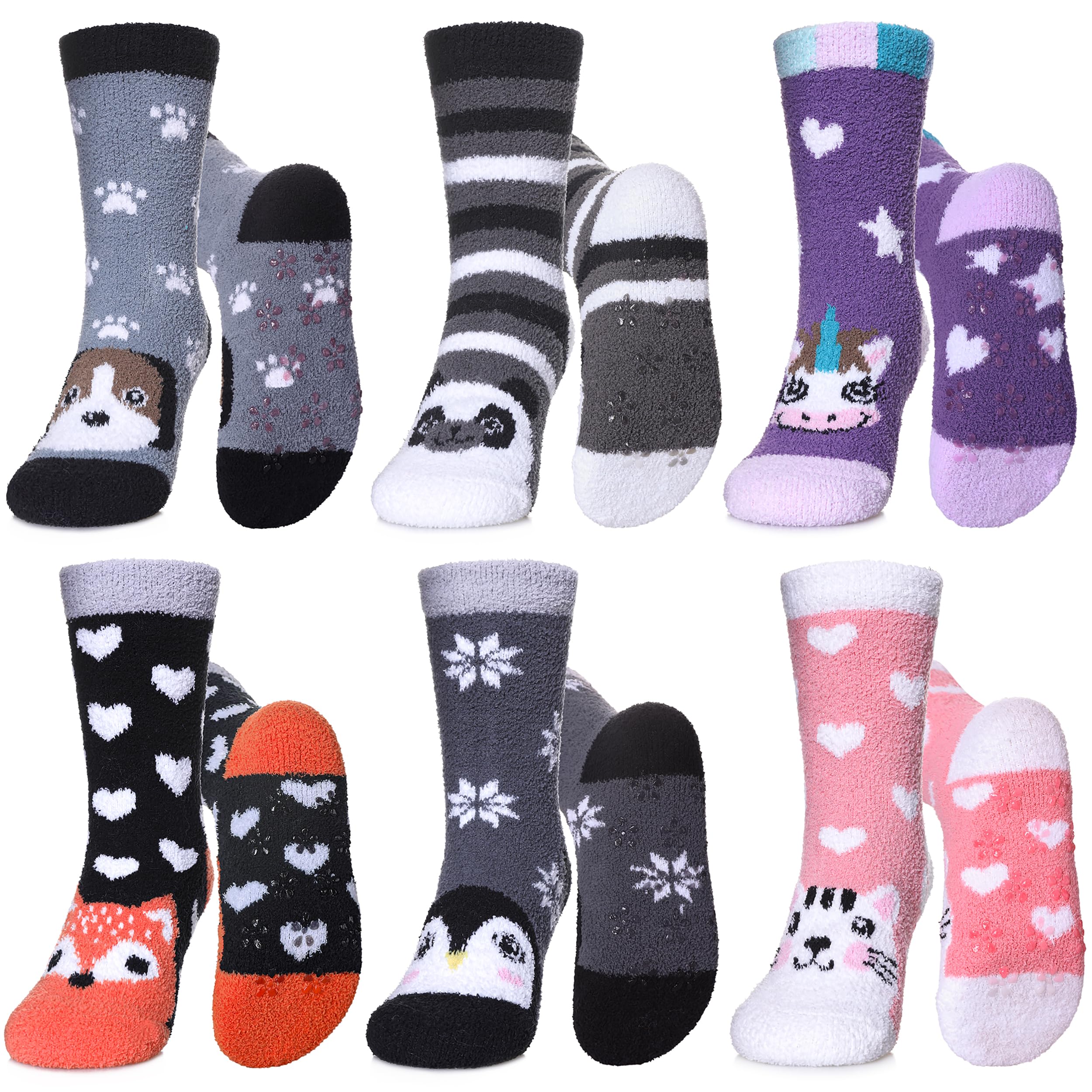 LINEMIN Kids Fuzzy Socks Boys Girls with Grips Non Slip Slipper Socks Cozy Fluffy Winter Warm Crew Socks 6 Pairs (Cute Animal, 4-7 Years)