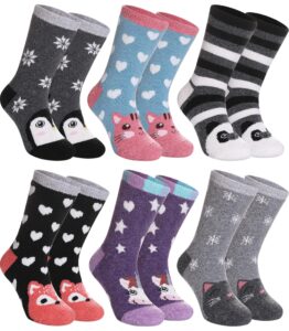 sdbing kids merino wool hiking socks toddlers wool socks boys girls warm boot cozy thick thermal winter crew socks 6 pairs (4-7 years, cute animal)