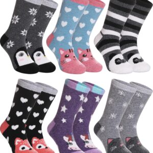 SDBING Kids Merino Wool Hiking Socks Toddlers Wool Socks Boys Girls Warm Boot Cozy Thick Thermal Winter Crew Socks 6 Pairs (4-7 Years, Cute Animal)