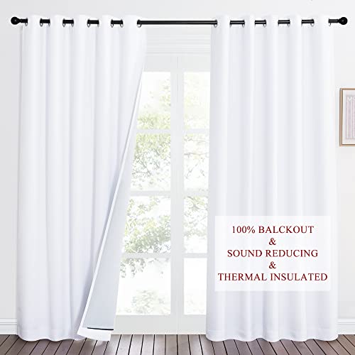 NICETOWN Sound Barrier 100% Blackout Divider Curtains 84" 2 Panels Set, Noise, Cold & Cold Blocking Patio Door Curtains with Felt Fabric Lining for Nursery/Daytime Sleep/Bedroom (White, 62" Wide)