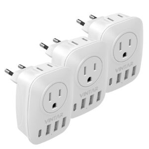 3 pack european travel plug adapter, vintar international power plug adapter with 2 outlets, 3 usb and 1 usb c, 6 in 1 travel essentials for us to most of europe eu italy france spain greece, type c