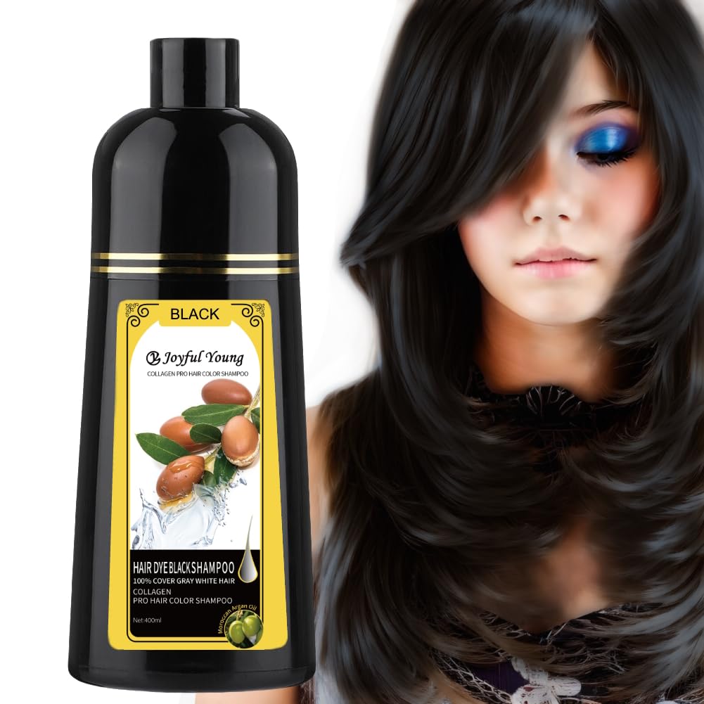 Joyful Young Natural Hair Dye Shampoo - Black - Semi Permanent Hair Coloring Shampoo for Women and Men - Gray Hair Coverage - Color Shampoo Beard Dye - Vegan Ammonia Free Hair Shampoo