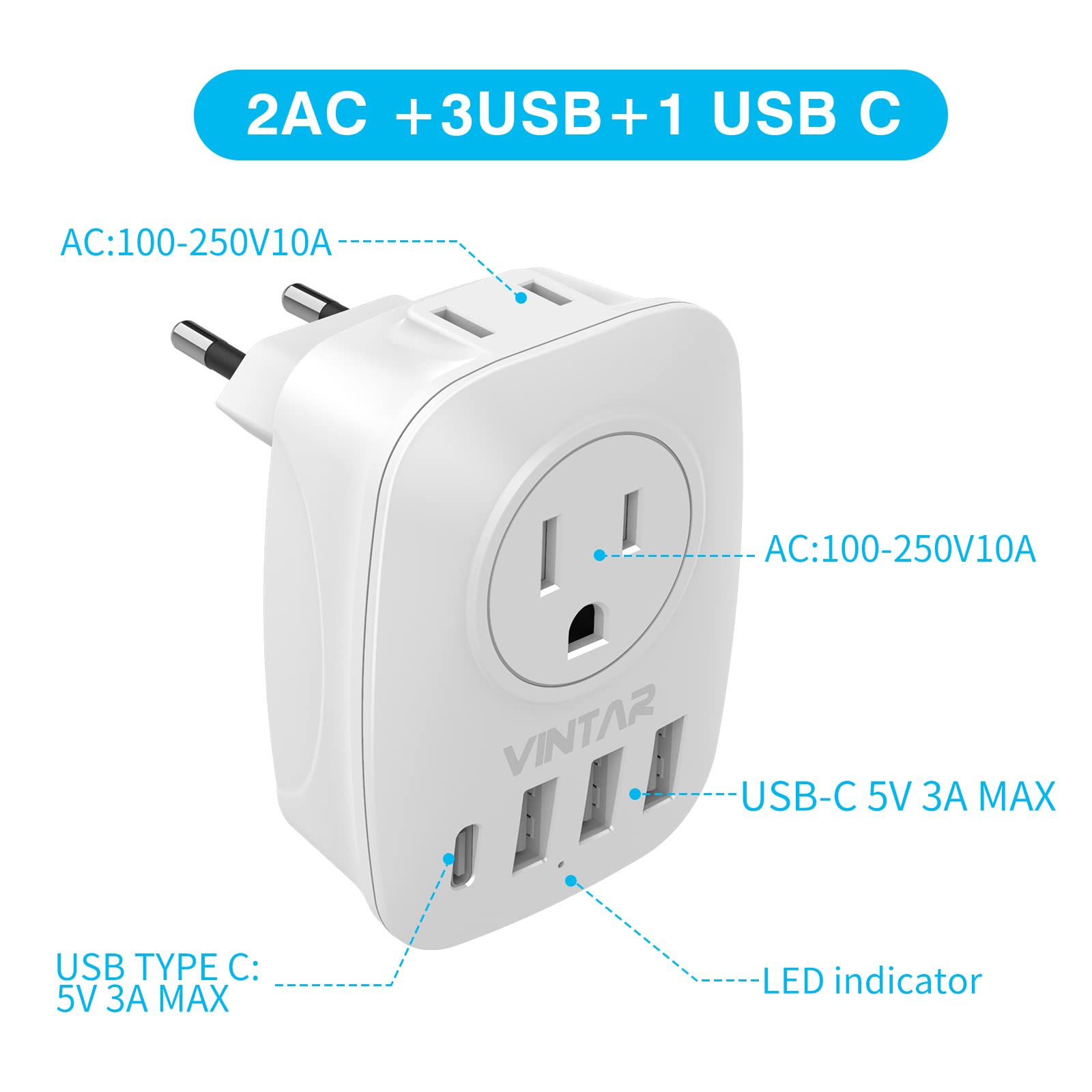 3 Pack European Travel Plug Adapter, VINTAR International Power Plug Adapter with 2 Outlets, 3 USB and 1 USB C, 6 in 1 Travel Essentials for US to Most of Europe EU Italy France Spain Greece, Type C