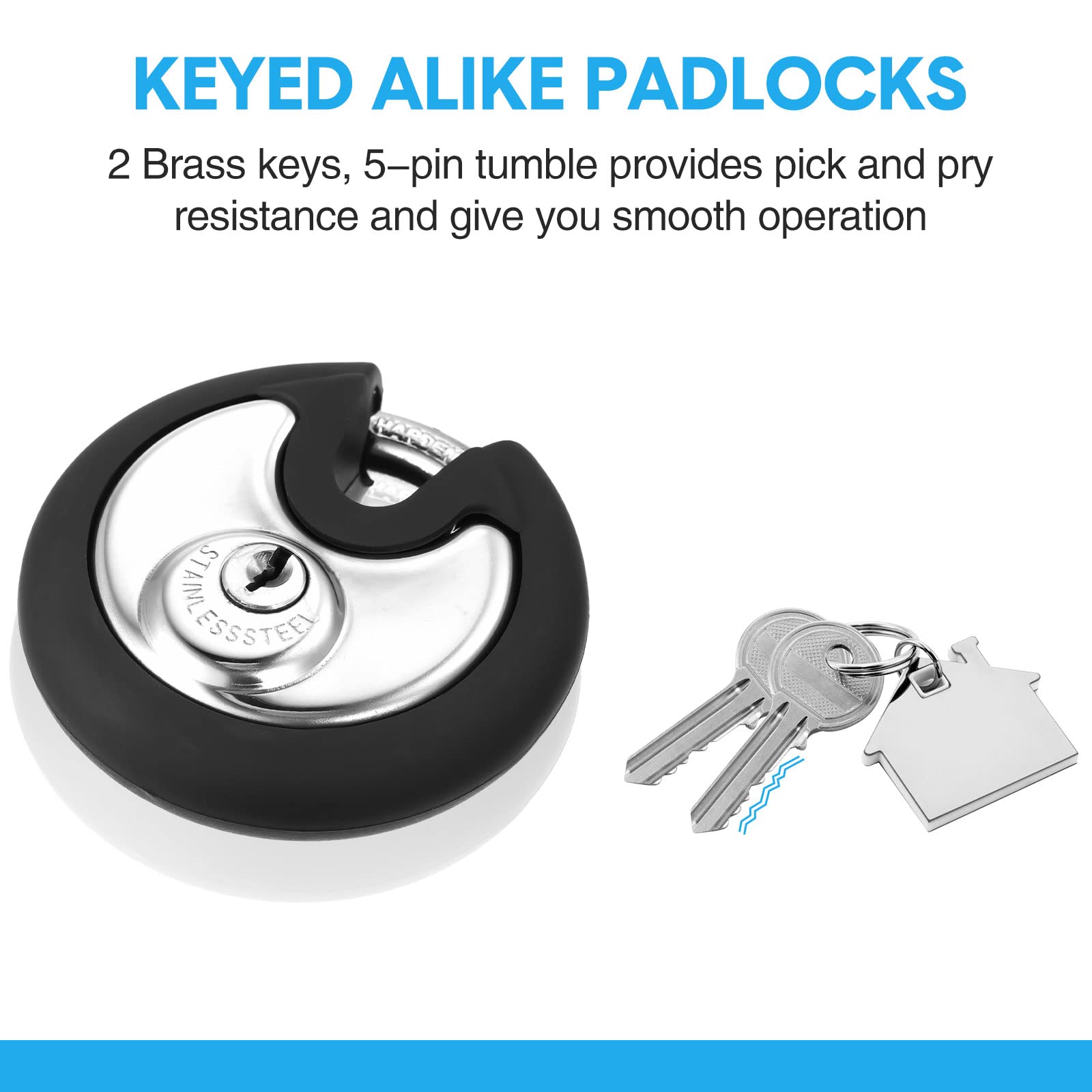 Chumia 10 Pack 70 mm Pad Lock Keyed Alike Padlocks Stainless Steel Discus Lock, 2 Keys Per Lock, Outdoor Round Disc Lock for Storage Unit, Sheds, Garages and Fence, Black Rubber Bumper Sheath