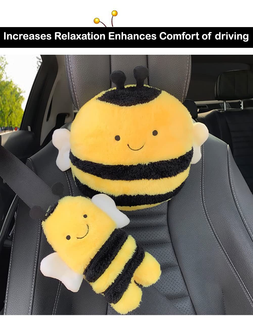 seemehappy Car Headrest Pillow, Cute Bee Neck Pillow for Car, Seat Belt Cover Shoulder Pad,Comfortable Soft Car Seat Pillow for Driving,Head Rest Cushion-Neck Pillow-1PCS