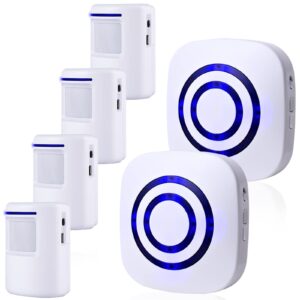 bestoone motion sensor alarm, long range wireless driveway alarm, indoor home security system electric doorbells, 4 motion detector and 2 alarm, 38 chime tunes, led indicator