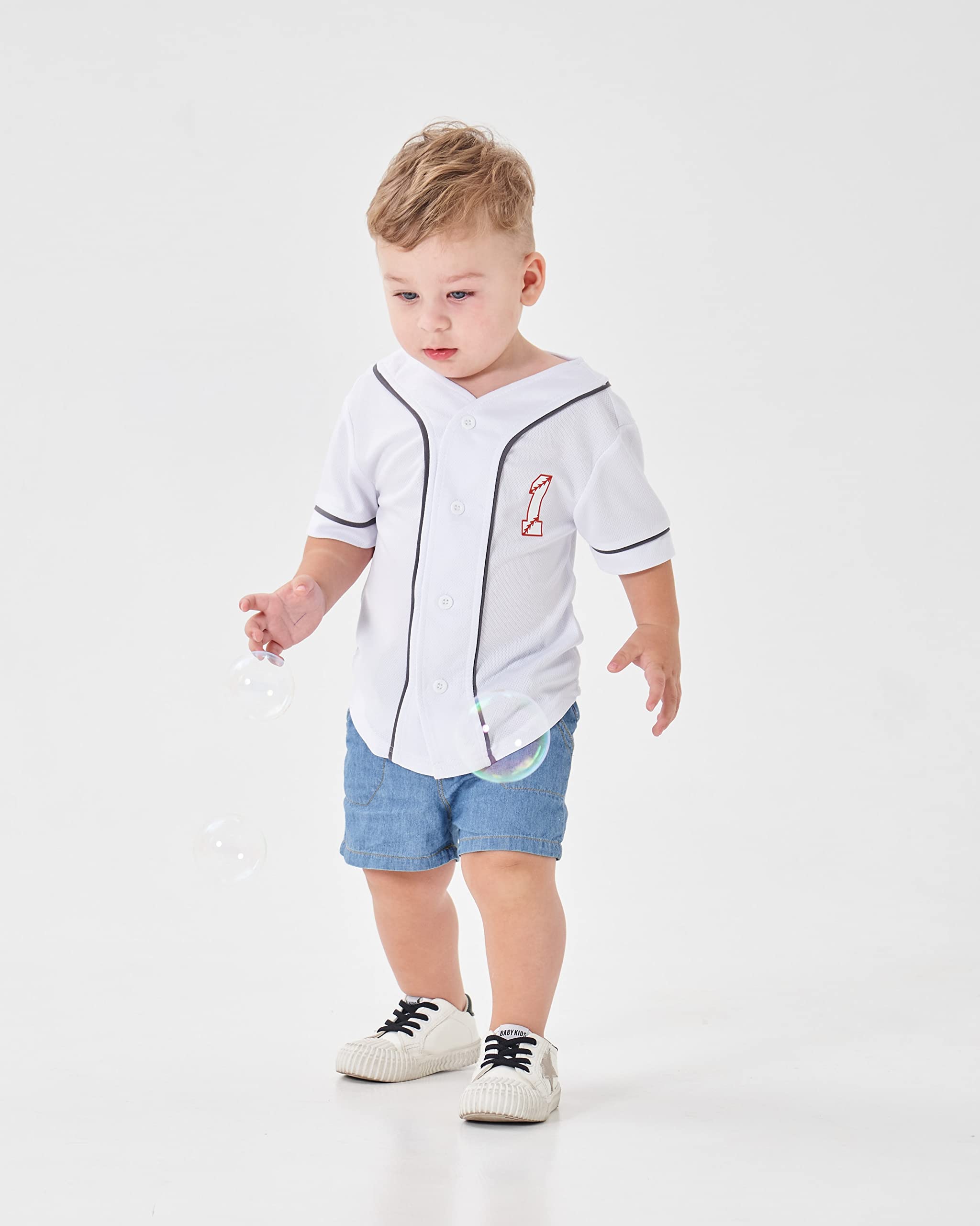 Toddler Baseball 1st Birthday Shirt Baby Boy Rookie of The Year One Year Old Gift V Neck Shirt Button Tee (White 1,12 Months,12 Months,US,Age,Toddler,Male)