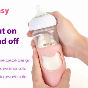 100% Silicone Baby Bottle Sleeves for Philips Avent Natural Glass Baby Bottles, Premium Food Grade Silicone Bottle Cover, Cute Bear Design, 8oz, Pack of 2 (Pink and Purple)