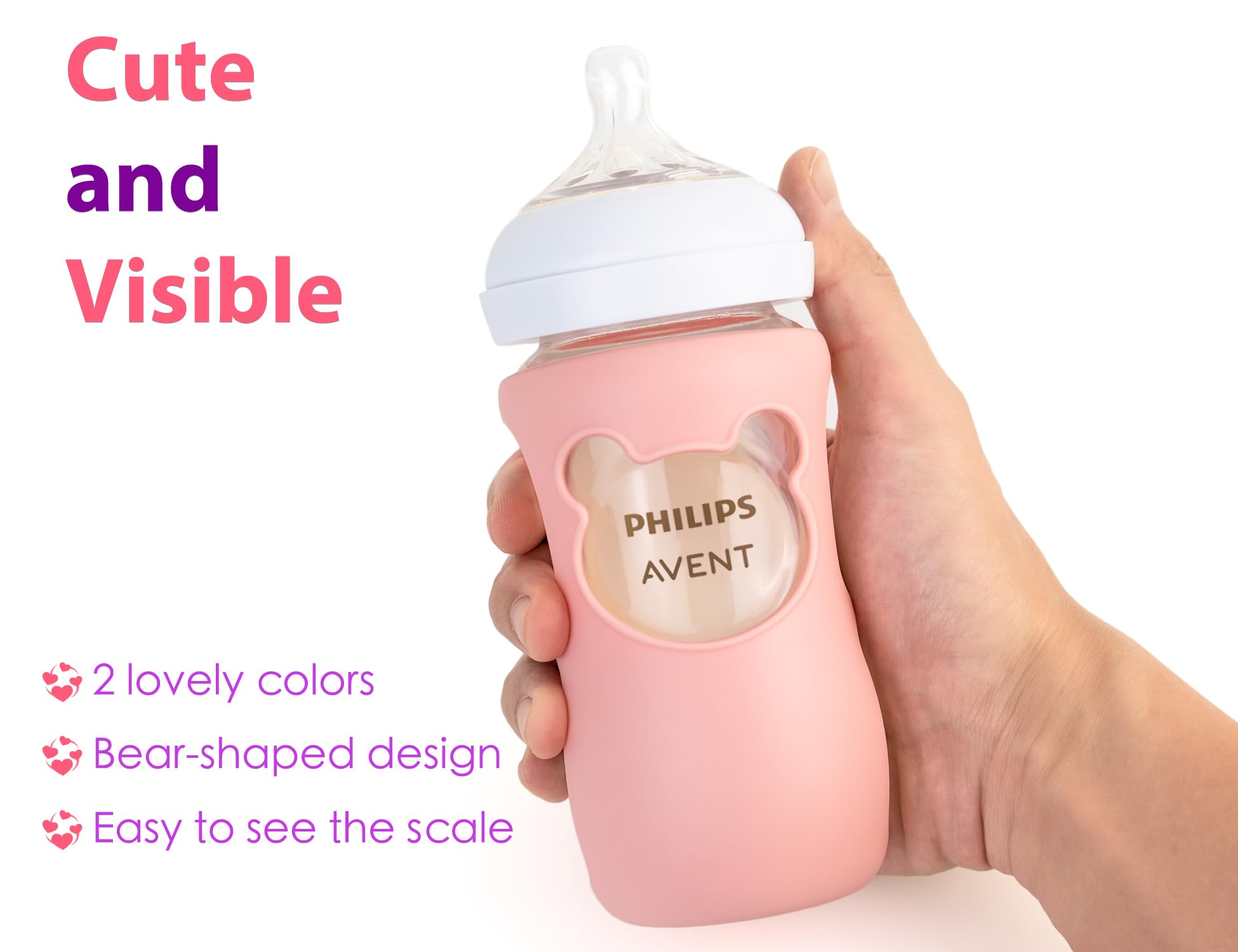 100% Silicone Baby Bottle Sleeves for Philips Avent Natural Glass Baby Bottles, Premium Food Grade Silicone Bottle Cover, Cute Bear Design, 8oz, Pack of 2 (Pink and Purple)