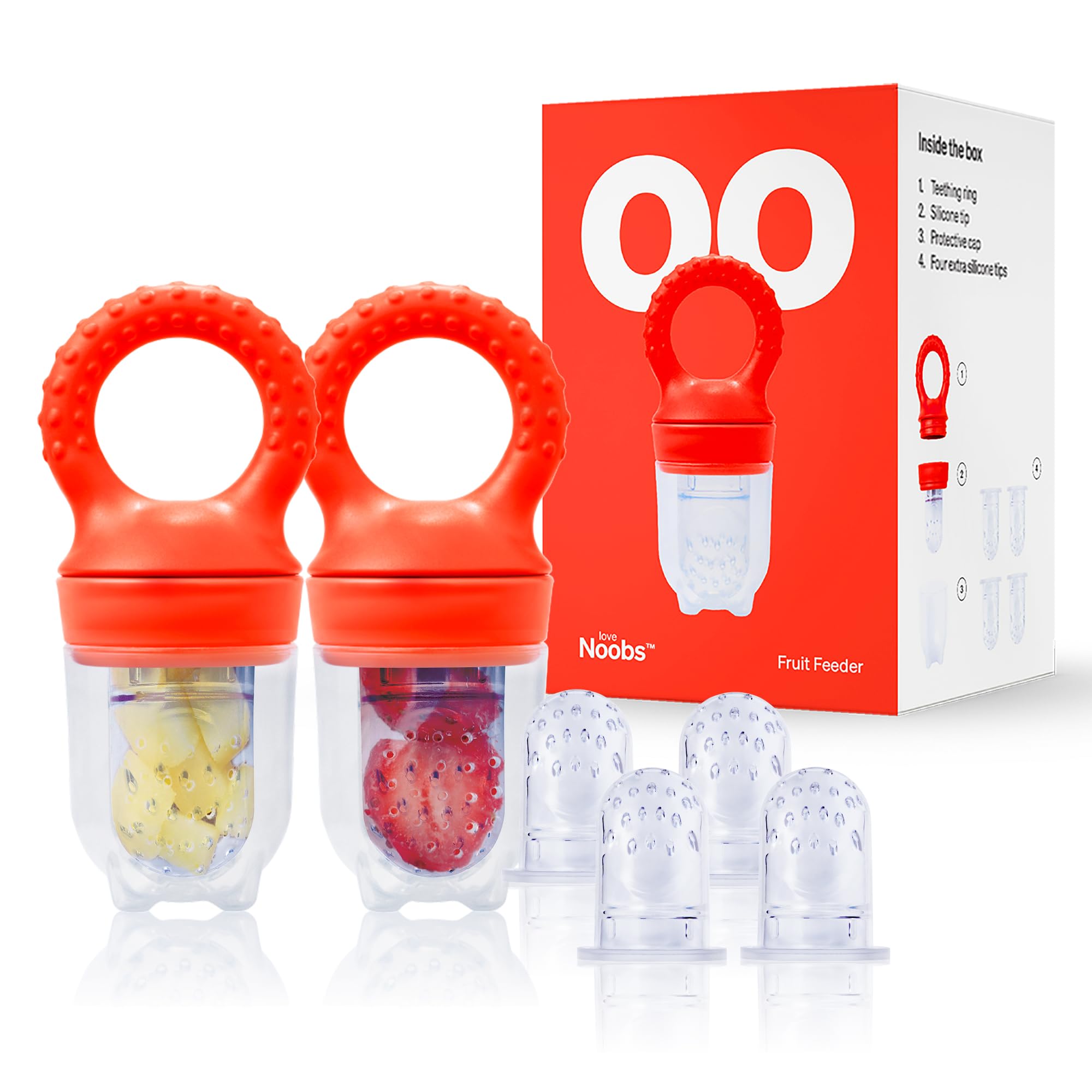 Baby Fruit Feeder by Love Noobs, Frozen Teething Toys for Babies, 2 Pack Baby Fruit Pacifier Feeder with 4 Extra Teats, Baby Eating Essentials, Frozen Teether, BPA Free Baby Feeding Supplies