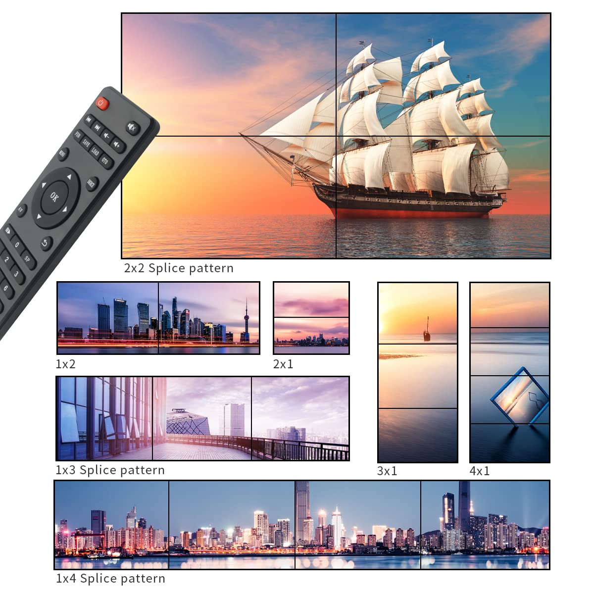 Video Wall Controller, 4K x 2K HD Display Seamless Splicing Professional Processor with RS232, HDMI Input, 4 Way HDMI & Audio Output 180 Degree Rotate TV Wall Display 2x2, 1x2, 1x3, 1x4, 2x1, 3x1, 4x1