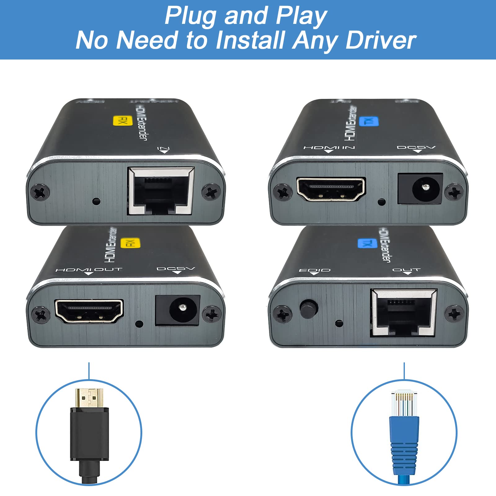 CWZZ HDMI Extender 196ft Over Single Cat 5e/6/7, HDMI Ethernet Extender Balun Adapter HDMI Repeater RJ45 LAN Ethernet Socket Connector HDMI Balun Transmitter Receiver Support 1080p 3D HDMI HDCP EDID