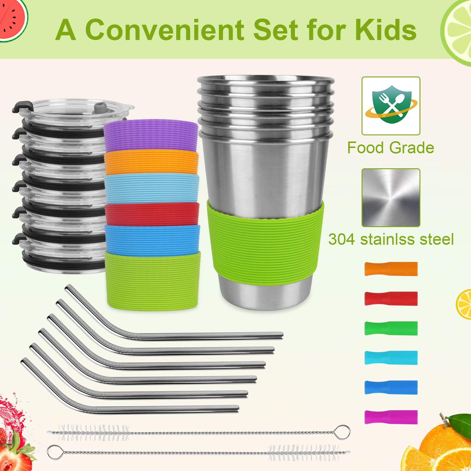 Kids Cups with Straw and Lid Spill Proof, 304 Stainless Steel Drinking Tumbler with Coasters, Unbreakable Water Glasses, BPA-Free Metal Sippy Mug for Toddler , Children, Adult, Travel Cups (6Pack)