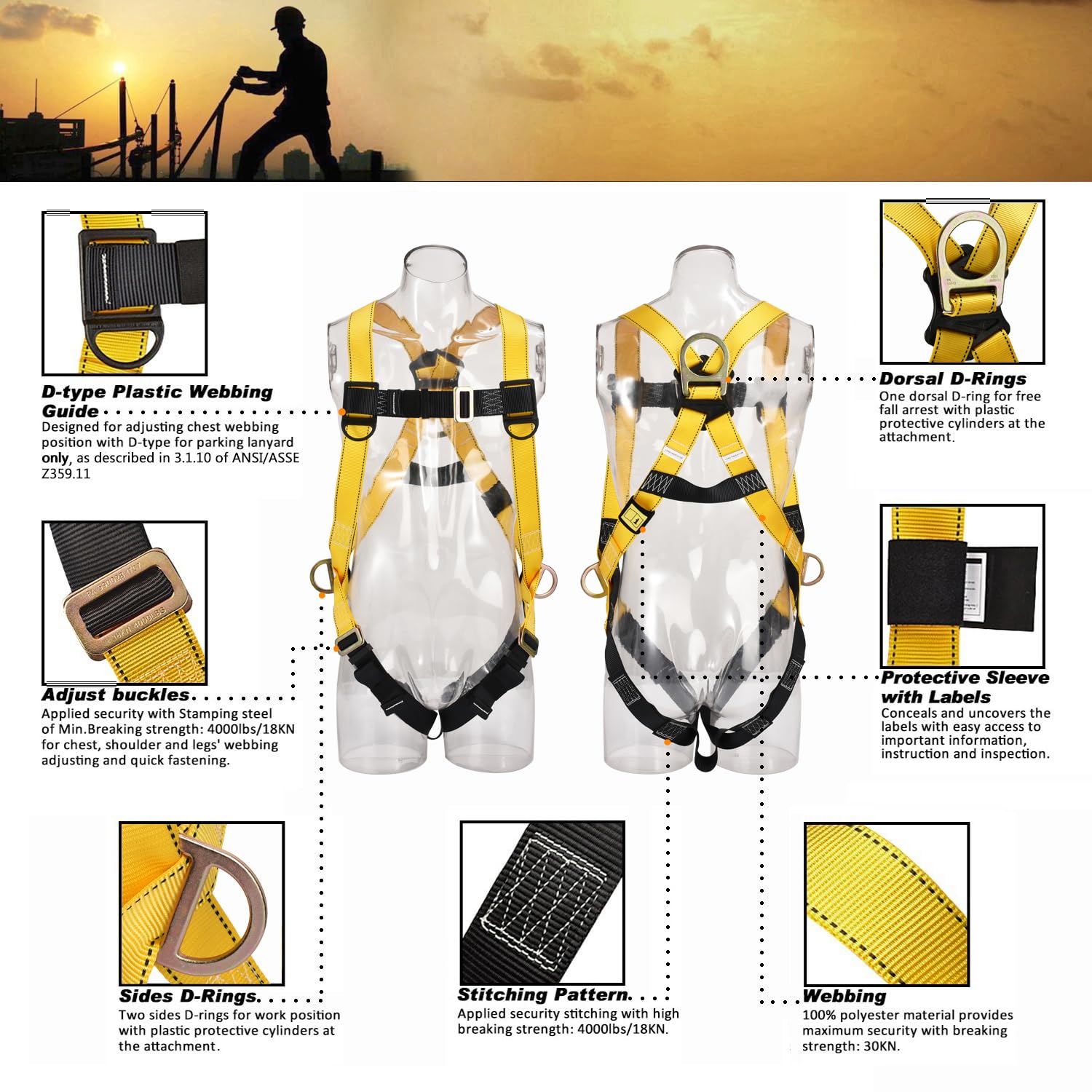 WELKFORDER 3D-Ring Industrial Fall Protection Safety Harness ANSI/ASSE Z359.11-2021 Compliant Full Body Personal Protection Equipment 3-Point Adjustment Universal 310 lbs