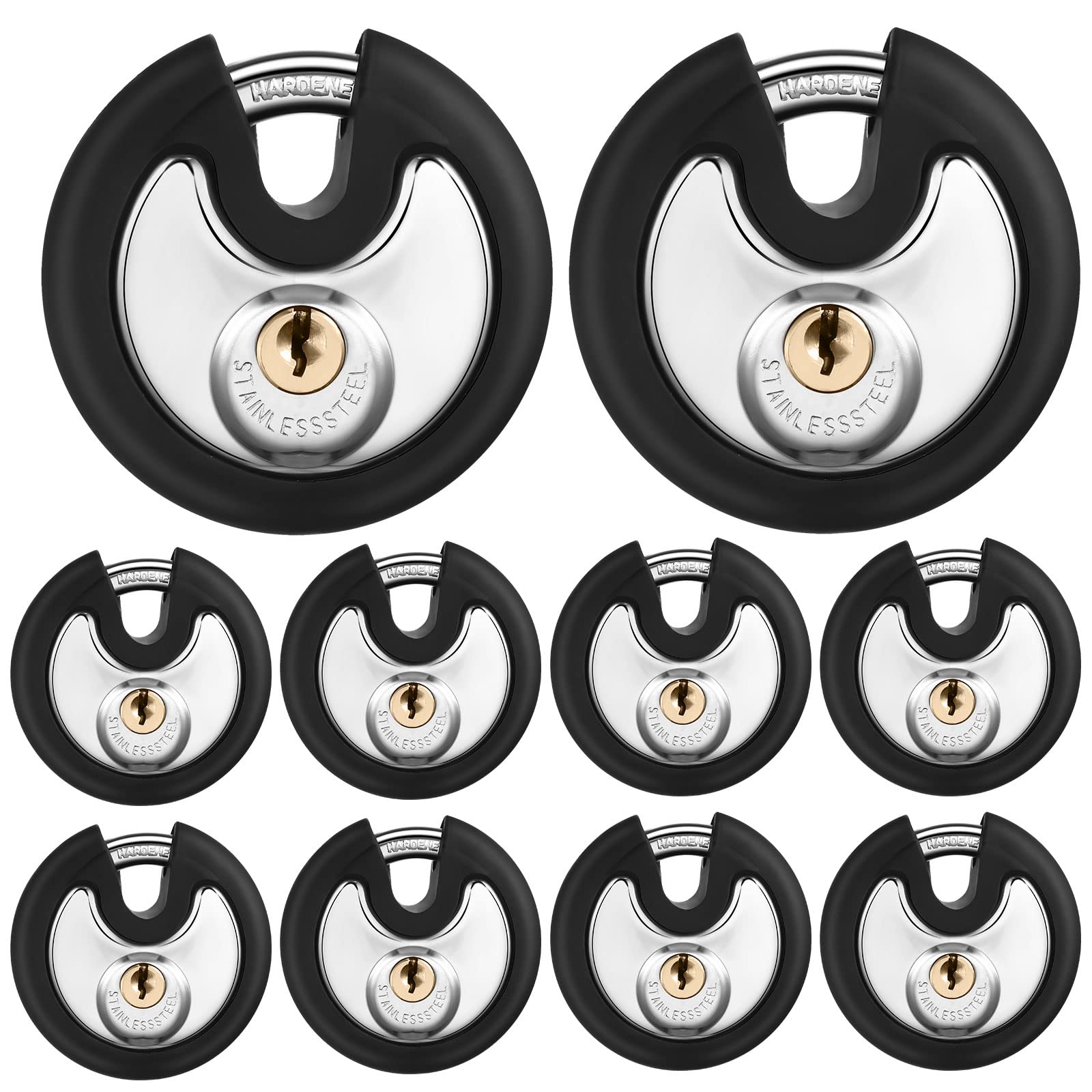 Chumia 10 Pack 70 mm Pad Lock Keyed Alike Padlocks Stainless Steel Discus Lock, 2 Keys Per Lock, Outdoor Round Disc Lock for Storage Unit, Sheds, Garages and Fence, Black Rubber Bumper Sheath