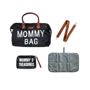 emgee mommy diaper bag tote for hospital, waterproof design, 3 insulated bottle slots, 2 organizer pouches, changing pad, & weekender pouch