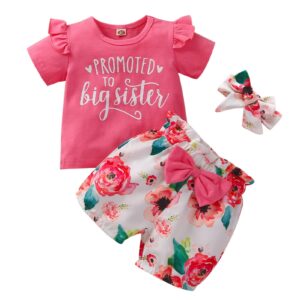 grnshts kids baby girl sister floral outfits promoted to big sister short sleeve shirt+floral bowknot shorts+headband 3pcs clothes (rose red, 12-18 months)