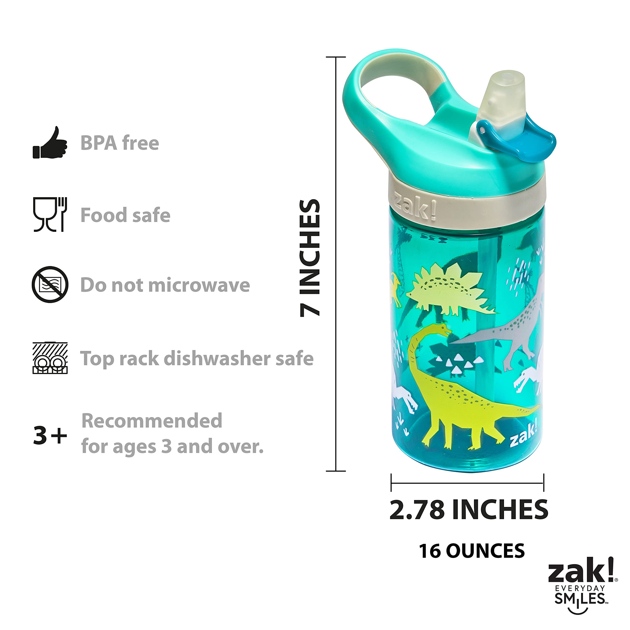 zak! Dinosaur - 5-Piece Dinnerware Set - Durable Plastic & Stainless Steel - Includes Water Bottle, 8-Inch Plate, 6-Inch Bowl, Fork & Spoon - Suitable for Kids Ages 3+