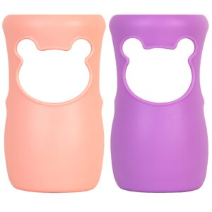 100% silicone baby bottle sleeves for philips avent natural glass baby bottles, premium food grade silicone bottle cover, cute bear design, 8oz, pack of 2 (pink and purple)