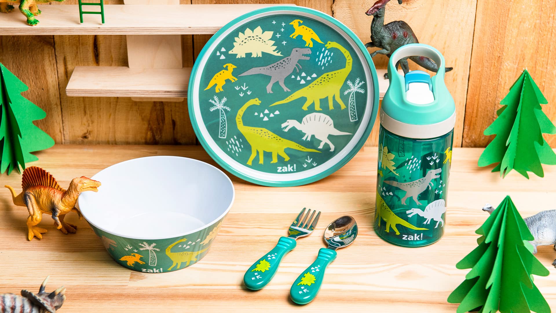 zak! Dinosaur - 5-Piece Dinnerware Set - Durable Plastic & Stainless Steel - Includes Water Bottle, 8-Inch Plate, 6-Inch Bowl, Fork & Spoon - Suitable for Kids Ages 3+