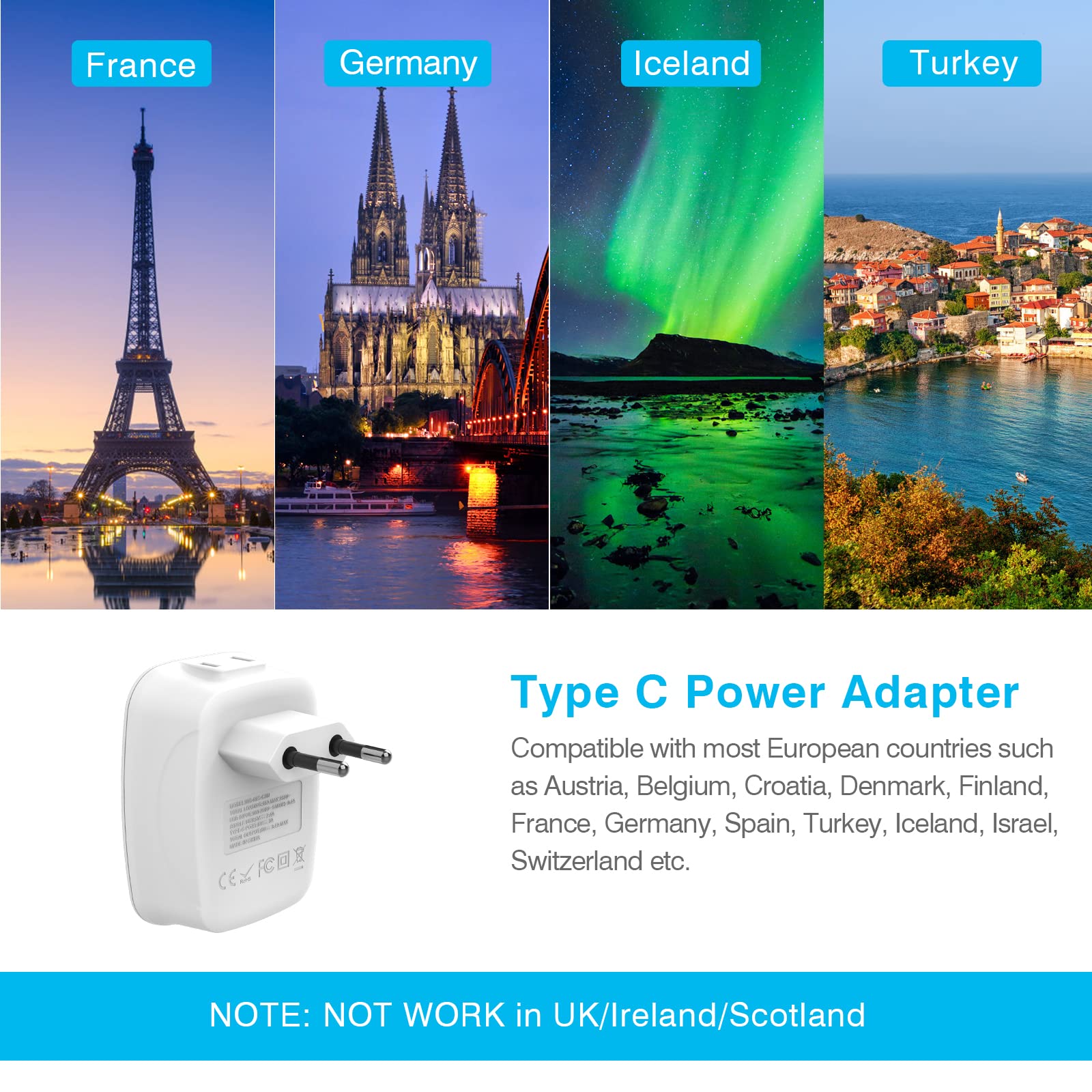 3 Pack European Travel Plug Adapter, VINTAR International Power Plug Adapter with 2 Outlets, 3 USB and 1 USB C, 6 in 1 Travel Essentials for US to Most of Europe EU Italy France Spain Greece, Type C