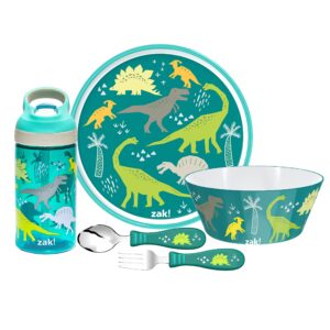 zak! dinosaur - 5-piece dinnerware set - durable plastic & stainless steel - includes water bottle, 8-inch plate, 6-inch bowl, fork & spoon - suitable for kids ages 3+