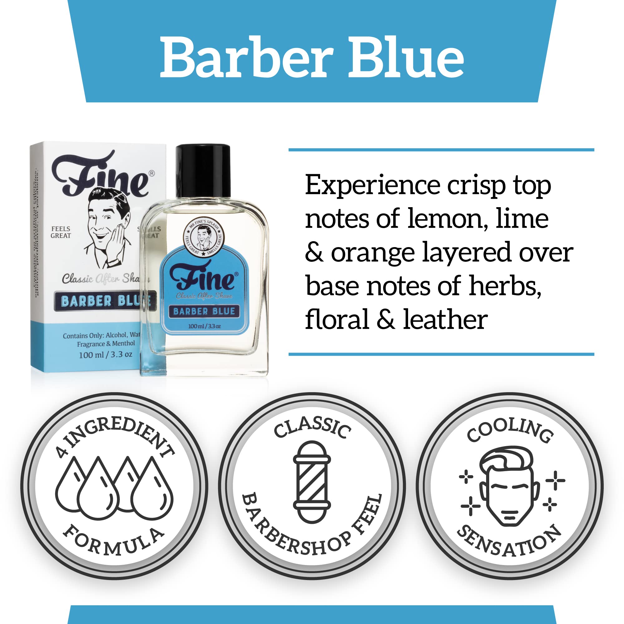 Fine Mr Barber Blue Mens Aftershave -A Splash of Classic Barbershop Aftershave for Modern Men - The Wet Shaver’s Favorite