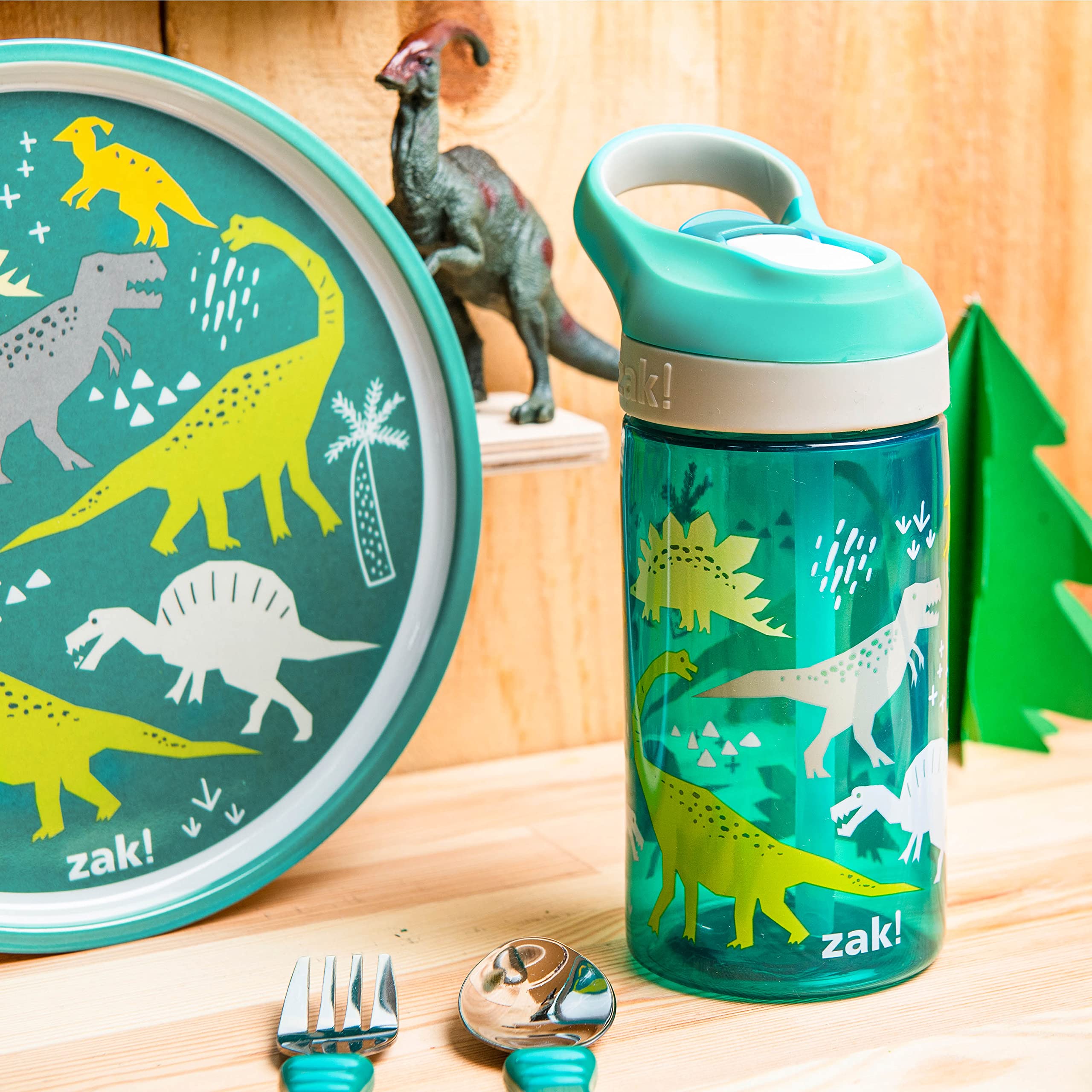 zak! Dinosaur - 5-Piece Dinnerware Set - Durable Plastic & Stainless Steel - Includes Water Bottle, 8-Inch Plate, 6-Inch Bowl, Fork & Spoon - Suitable for Kids Ages 3+