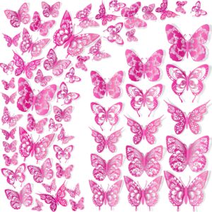 60 pieces new vintage pattern hollow butterflys wall decals 3d deep pink butterflies wall sticker diy removable 5 styles 3 sizes metallic art decor for kids girls bedroom living room birthday cake