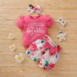 GRNSHTS Kids Baby Girl Sister Floral Outfits Promoted To Big Sister Short Sleeve Shirt+Floral Bowknot Shorts+Headband 3Pcs Clothes (Rose Red, 12-18 Months)