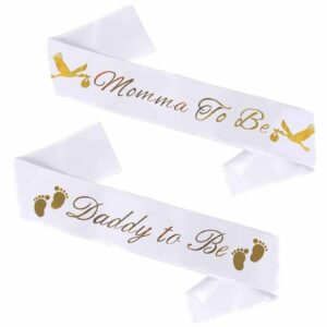 "momma to be" & "daddy to be" baby shower sash, baby shower party decorations, dad badge gifts, mommy supplies reveal, with cute stork image(white)