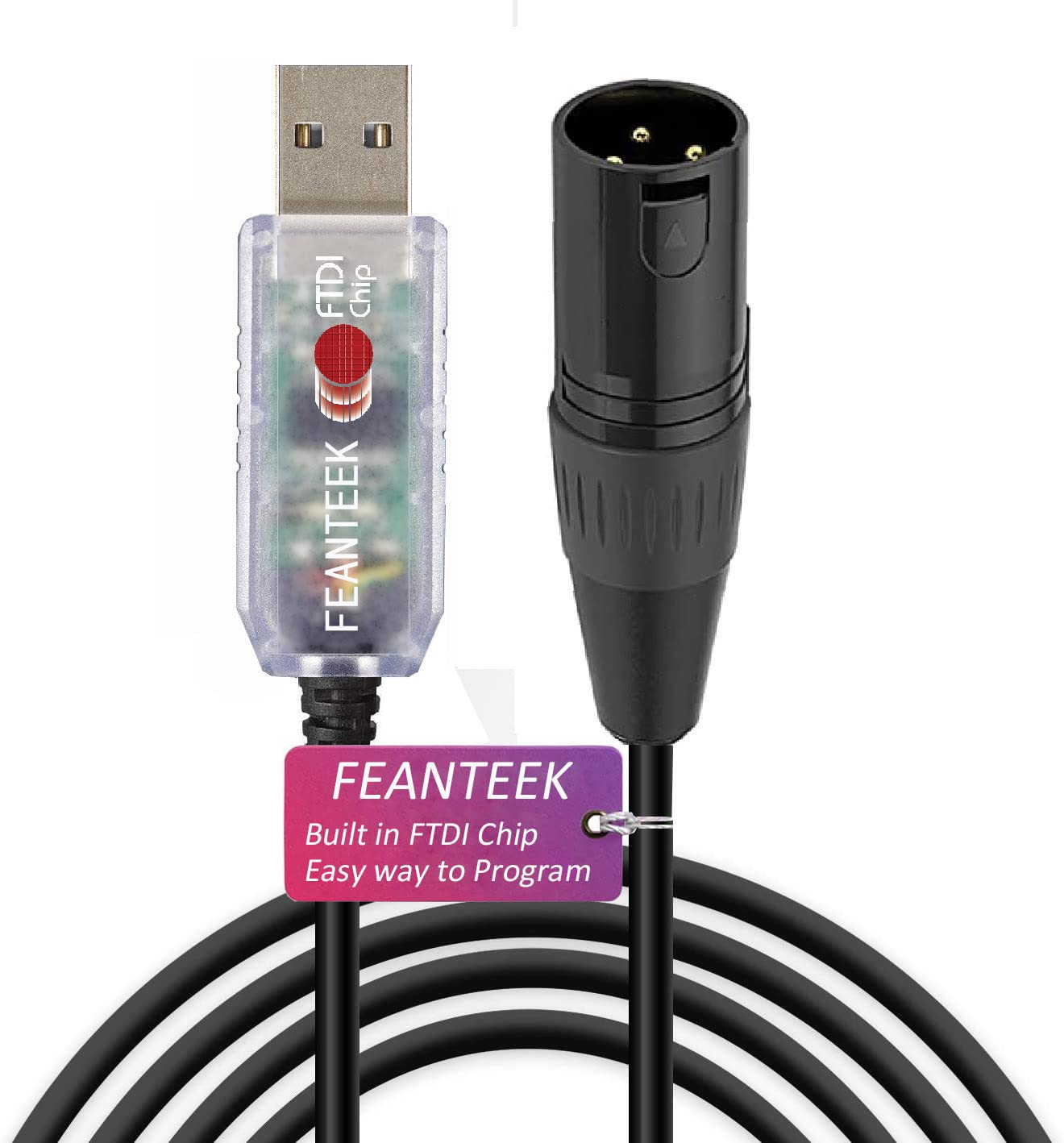 Feanteek USB to DMX Adapter Cable RS485 Converter 3PIN XLR Male DMX512 Freestyler Software PC Control Dimmer Cable with FTDI Chip Support Win10 Mac OS(6ft/1.8m), Black