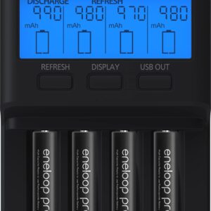 Panasonic K-KJ65K3A4BA Super Advanced 4-Position Quick Charger with LCD Indicator Panel, USB Charging Port and 4AAA eneloop pro Rechargeable Batteries, Black