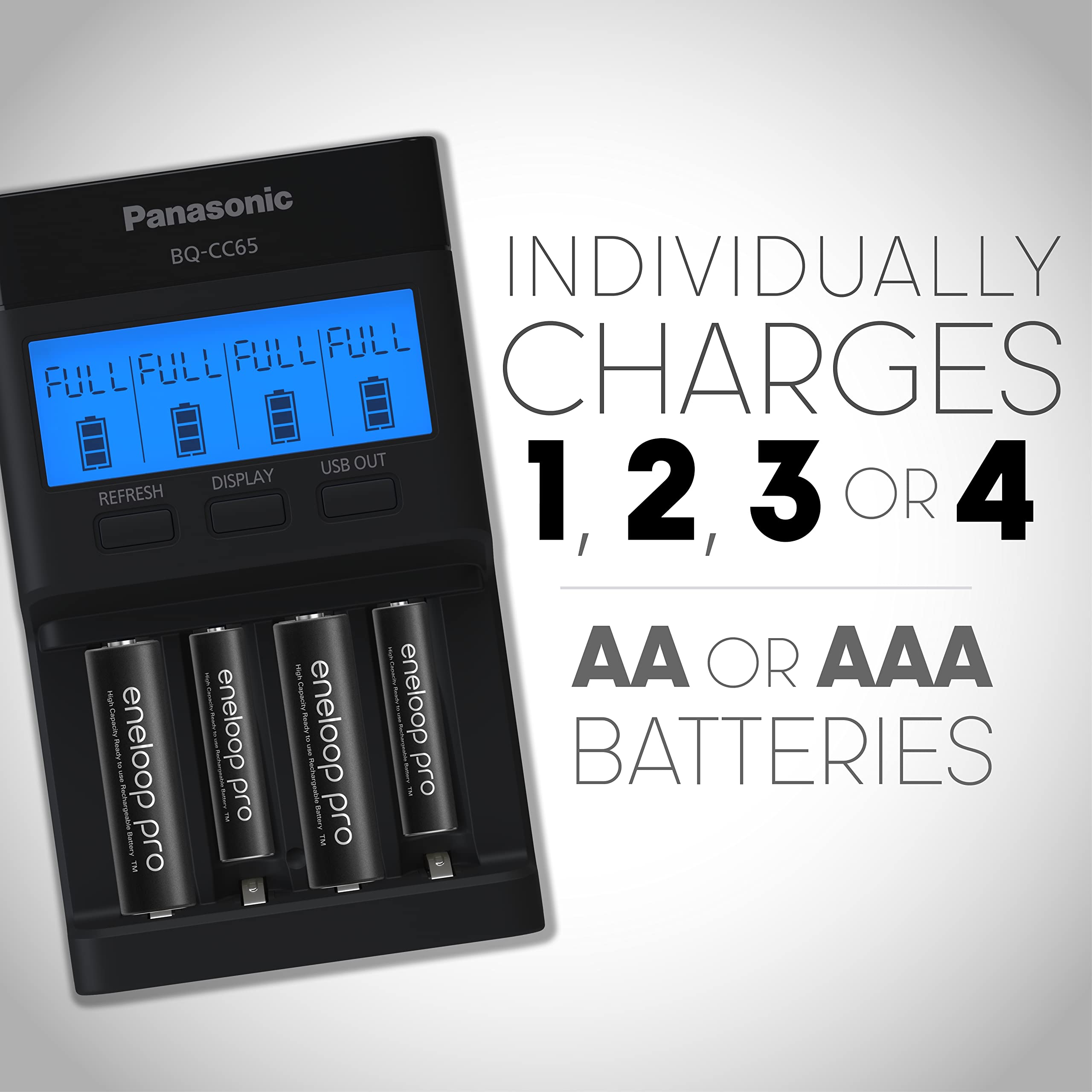 Panasonic K-KJ65K3A4BA Super Advanced 4-Position Quick Charger with LCD Indicator Panel, USB Charging Port and 4AAA eneloop pro Rechargeable Batteries, Black