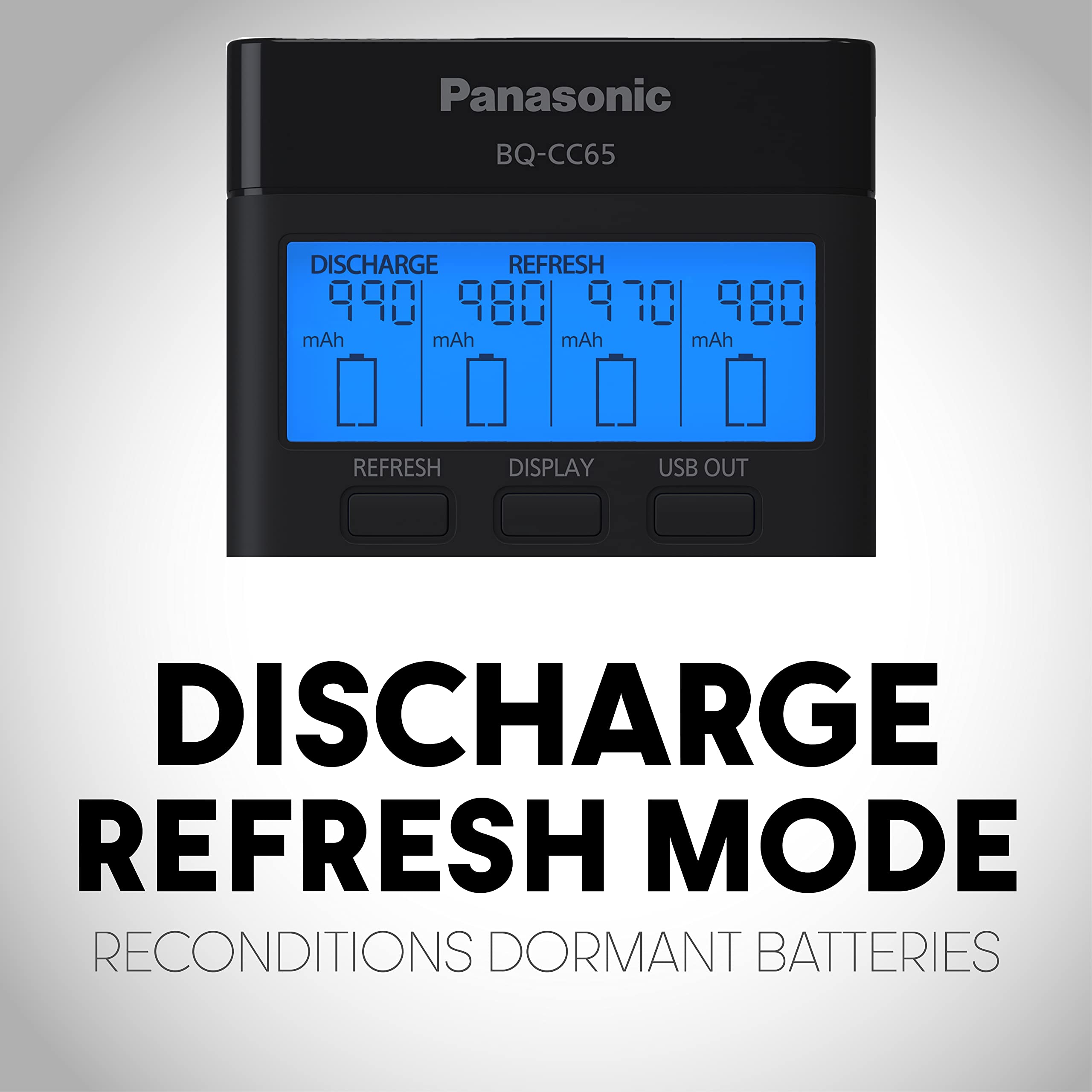 Panasonic K-KJ65K3A4BA Super Advanced 4-Position Quick Charger with LCD Indicator Panel, USB Charging Port and 4AAA eneloop pro Rechargeable Batteries, Black