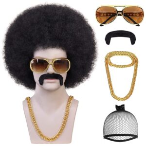 ebingoo 5pcs afro wig mens disco wig black 70s wig for men 80s wig short curly wig rocker wig punk wig for mens boys party halloween (+1 wig cap＋1 necklace+ 1 beard + 1 glasses)