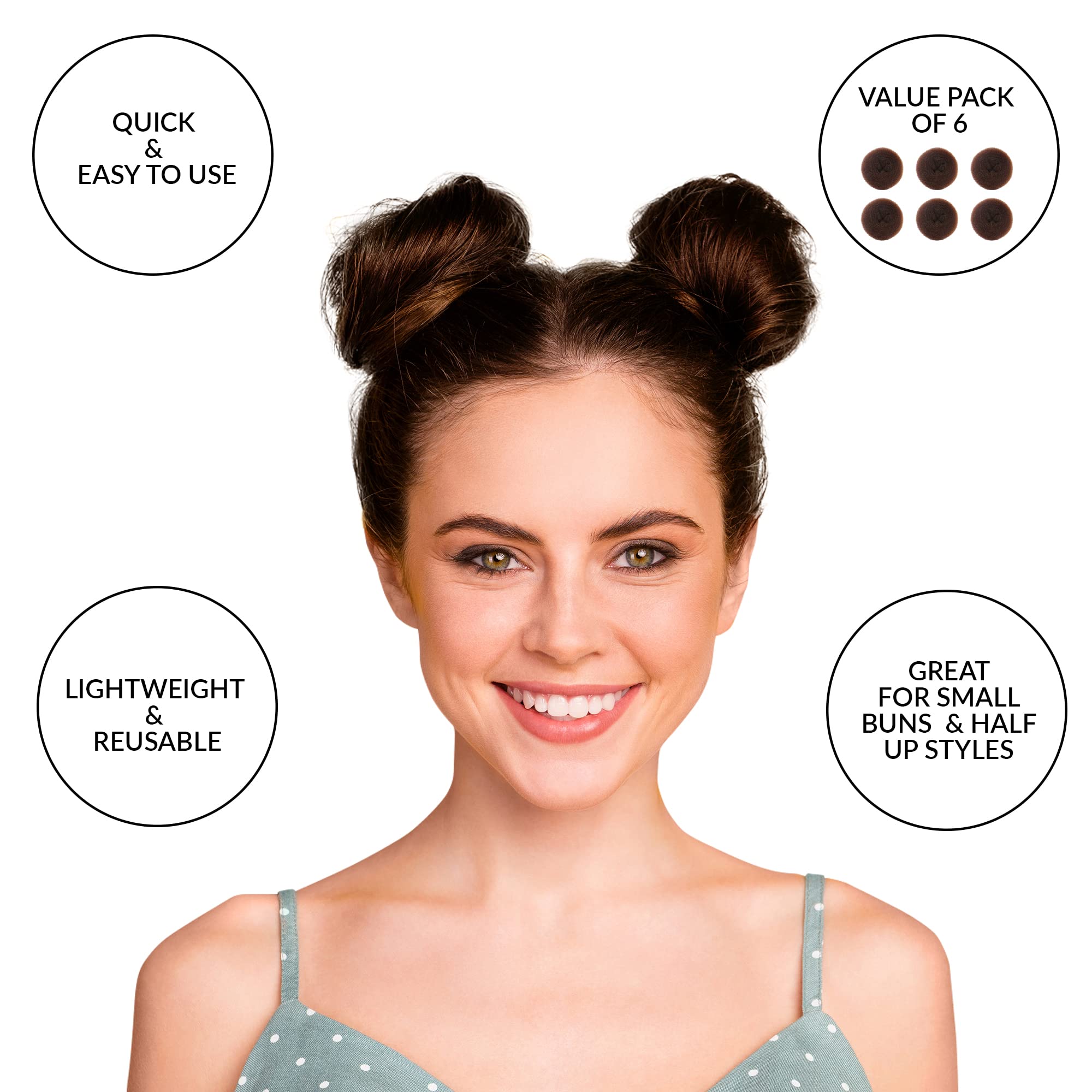 Styla Hair Small Donut Bun Maker for Kids Hair Buns - Easy Ballet and Sock Buns (6pc Brown 2 Inch Size)