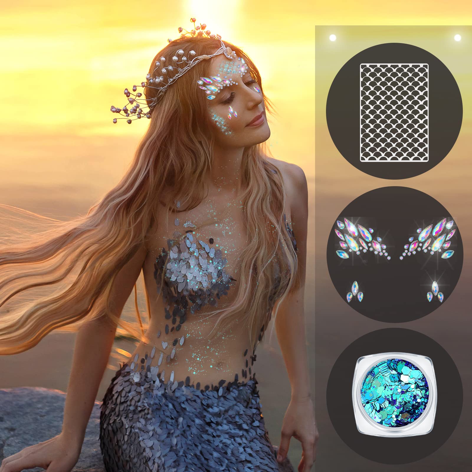 Halloween Mermaid Costume for Women Make up Kit 4 Pcs Mermaid Face Gems with 8 Bottles Holographic Glitter 3 Pcs Mermaid Scales Stencil Rhinestone Face Stickers for Carnival Party (Glitter Style)