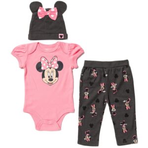 disney minnie mouse newborn baby girls bodysuit pants and hat 3 piece outfit set 3-6 months