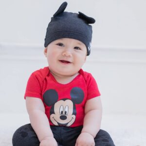 Disney Mickey Mouse Newborn Baby Boys Bodysuit Pants and Hat 3 Piece Outfit Set Red/Gray 6-9 Months